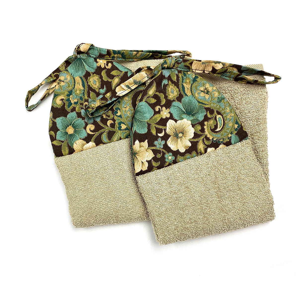 Set of 2 - Teal and Cream Flowers Floral Paisley with Gold on Brown Reversible Ties On Stays Put Tan Kitchen Bathroom Hanging Loop Hand Dish Towels