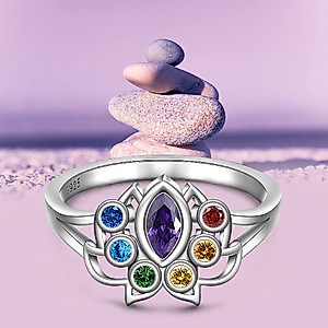 Talonior Lotus 7 Chakra Ring for Women Yoga Lotus Flower Chakra Rings Sterling Silver 925 CZ Healing Crystal Stone Protection Anxiety Relief Jewelry Christmas Gifts Size 7