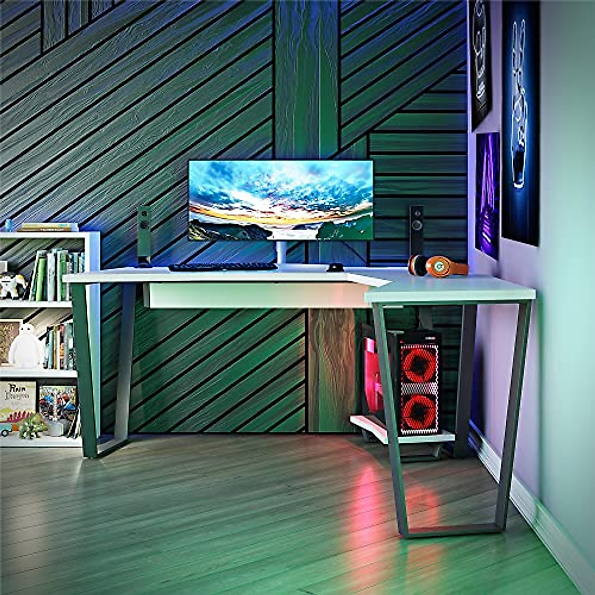 NTENSE Genesis Gaming L-Shaped Desk with CPU Stand, Corner Desk, Home Gaming Desk, Writing Workstation, Battle Station, Ergonomic Desk, Space Saving, White