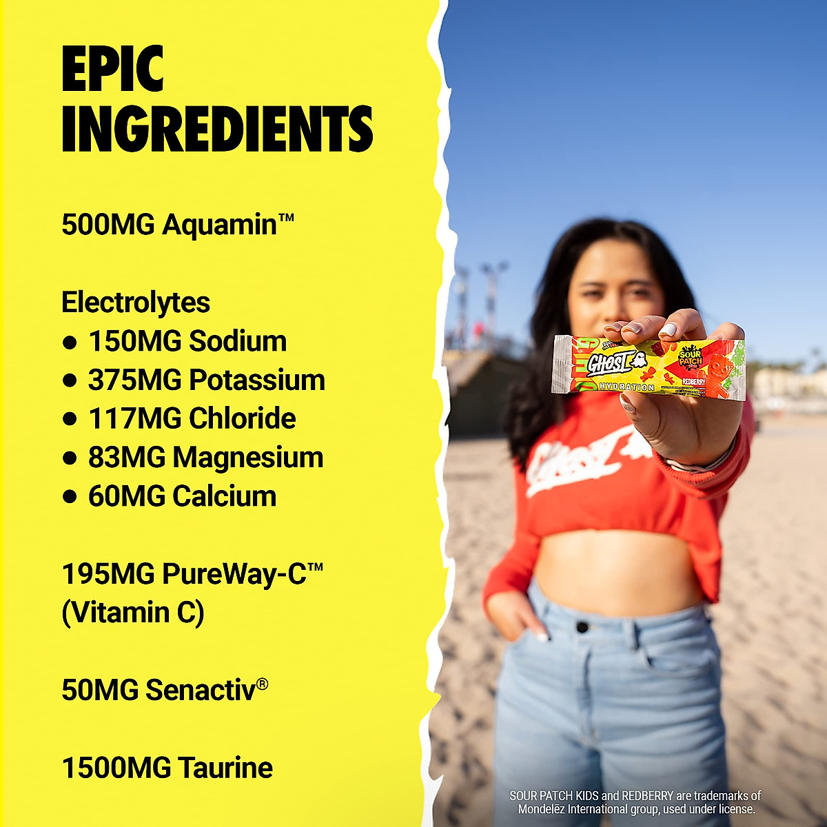 GHOST Hydration Packets, Sour Patch Kids Redberry, 24 Sticks, Electrolyte Powder - Drink Mix Supplement with Magnesium, Potassium, Calcium, Vitamin C - Vegan, Free of Soy, Sugar & Gluten