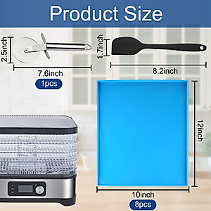 8PCS Silicone Dehydrator Trays with Edge Fruit Leather Trays 12 x 10 Inch Non-stick Dehydrator Mats with Silicone Scraper Cutter Wheel for Fruit Vegetables Meat Herbs and Liquid