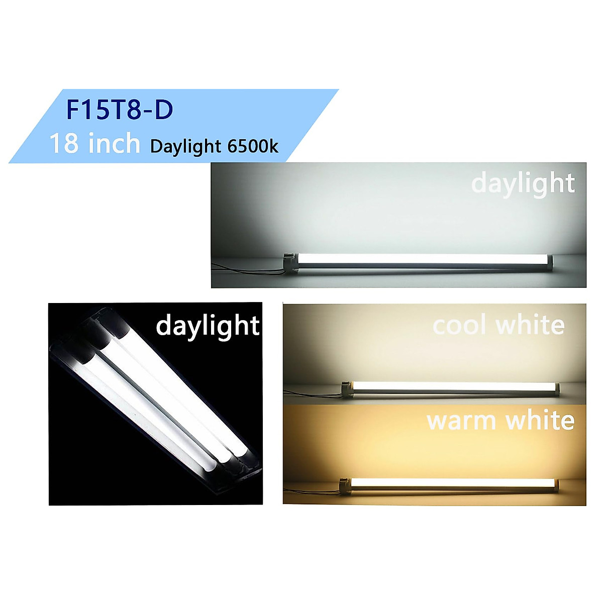 F15T8-D Daylight 15W Fluorescent Bulb,18'' F15T8/DL 6500K T8 Linear Preheat Lighting Lamps, G13 bi-pin Base