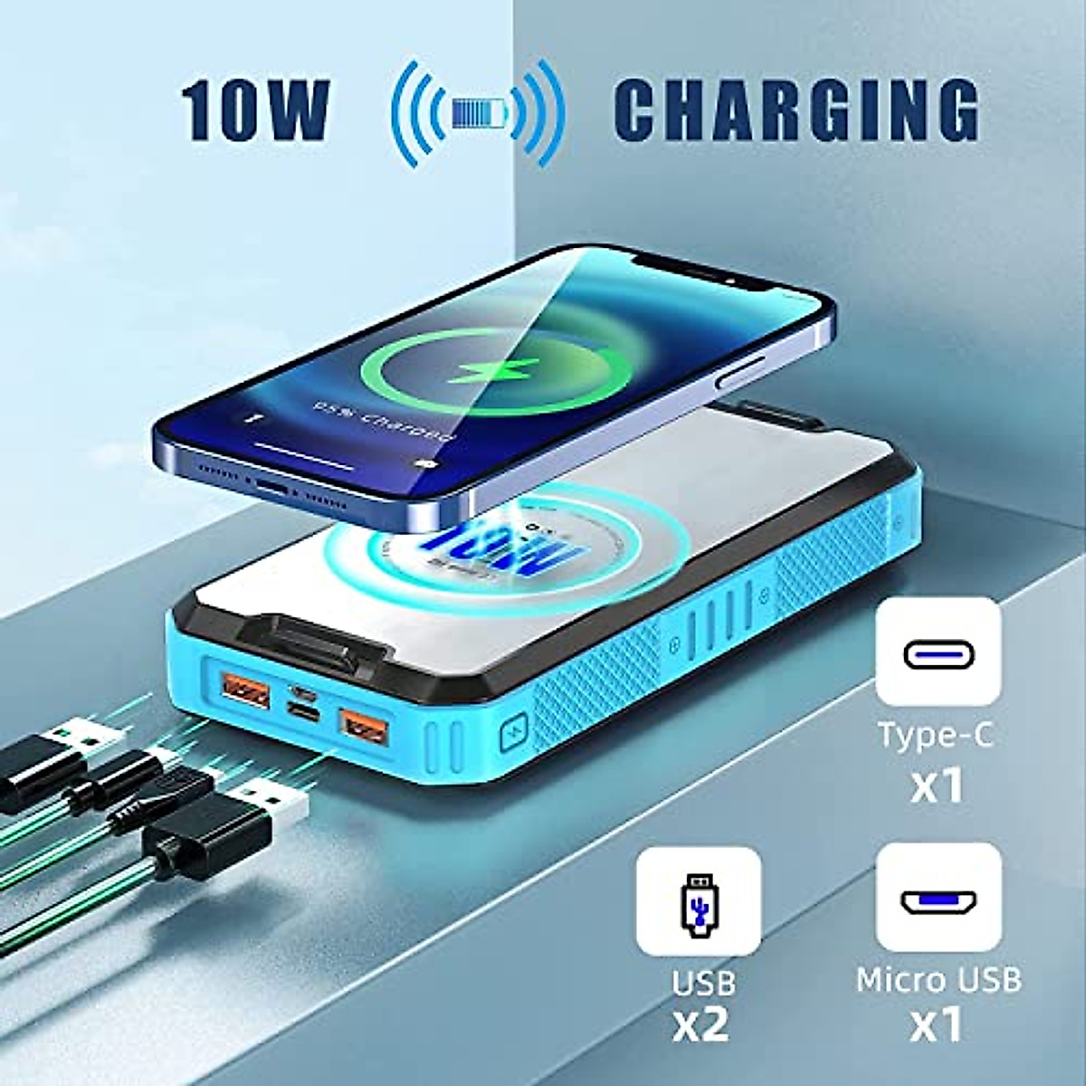 Solar Charger Power Bank 30000mAh, PD 20W Solar Phone Charger QC3.0 Fast Charging, 10W Wireless Charging, LED Flashlight Waterproof, Outdoor Solar Powerbank Portable Charger for iPhone Android