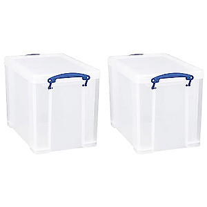 Really Useful Box 19 Liter Plastic Stackable Storage Container w/Snap Lid & Built-In Clip Lock Handles for Home & Office Organization, Clear (2 Pack)