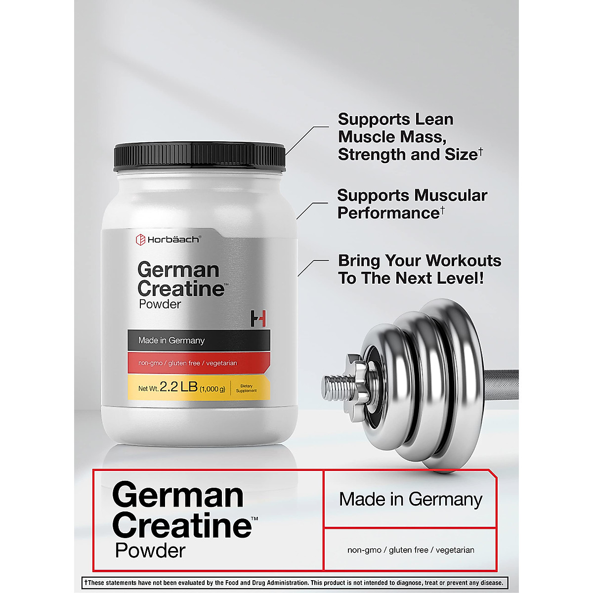 Horbäach German Creatine Powder 1000g | Creapure Monohydrate Powder | Vegetarian, Non-GMO, and Gluten Free Supplement | Promotes Strength & Power