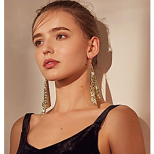 Long Dangle Trendy Women Earrings Trendy Women Metal Mesh Grid Sequins Tassel Long Drop Earring (Gold)