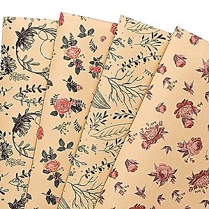 PlandRichW Wrapping Paper of Floral Design Folded Kraft Wrapping Paper 12 Sheets Recycled Gift Wrap for Birthday, Wedding, Holiday, Party, and Baby Shower Precut 20" X 29"