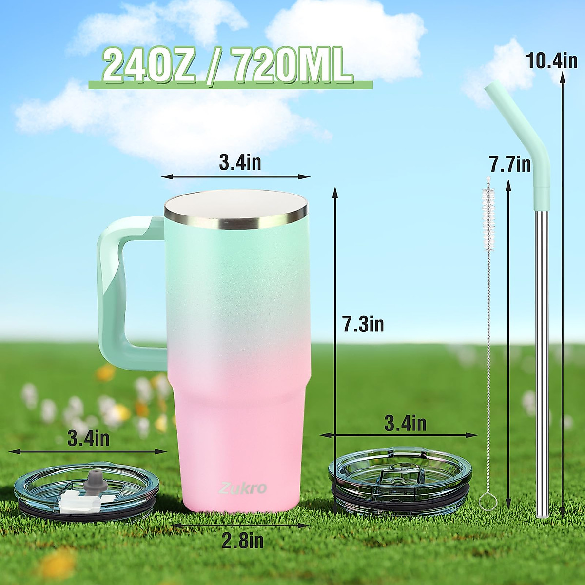 Zukro 24 oz Ceramic Coated Interior Tumbler with Handle and Straw, No Metal taste or Smell, Leakproof No Sweat Stainless Steel Coffee Cup with 2 Lids, Dishwasher Safe Insulated Travel Mug, Bubblegum