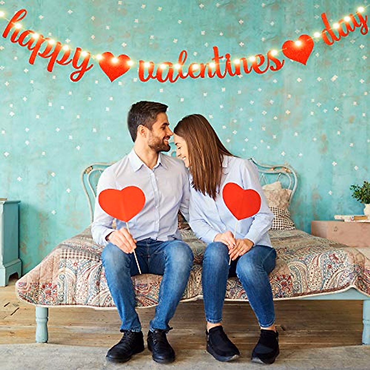 Happy Valentine’s Day Banner Red Glitter Heart Valentines Day Banner with 8 Shiny Molds Light String Valentines Garland Bunting Banner Supplies for Dating Holiday Party Decoration