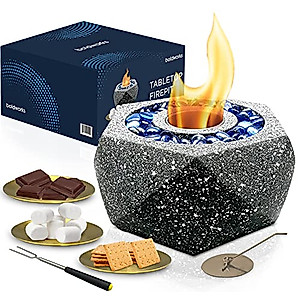 Tabletop Fire Pit Table Top Firepit Indoor Fire Pit Tabletop Fireplace with Collapsible Skewer 3 Golden Plates Portable to Outdoor Patio Balcony to Roast Smores Rubbing Alcohol Fuel 11" Large Bowl