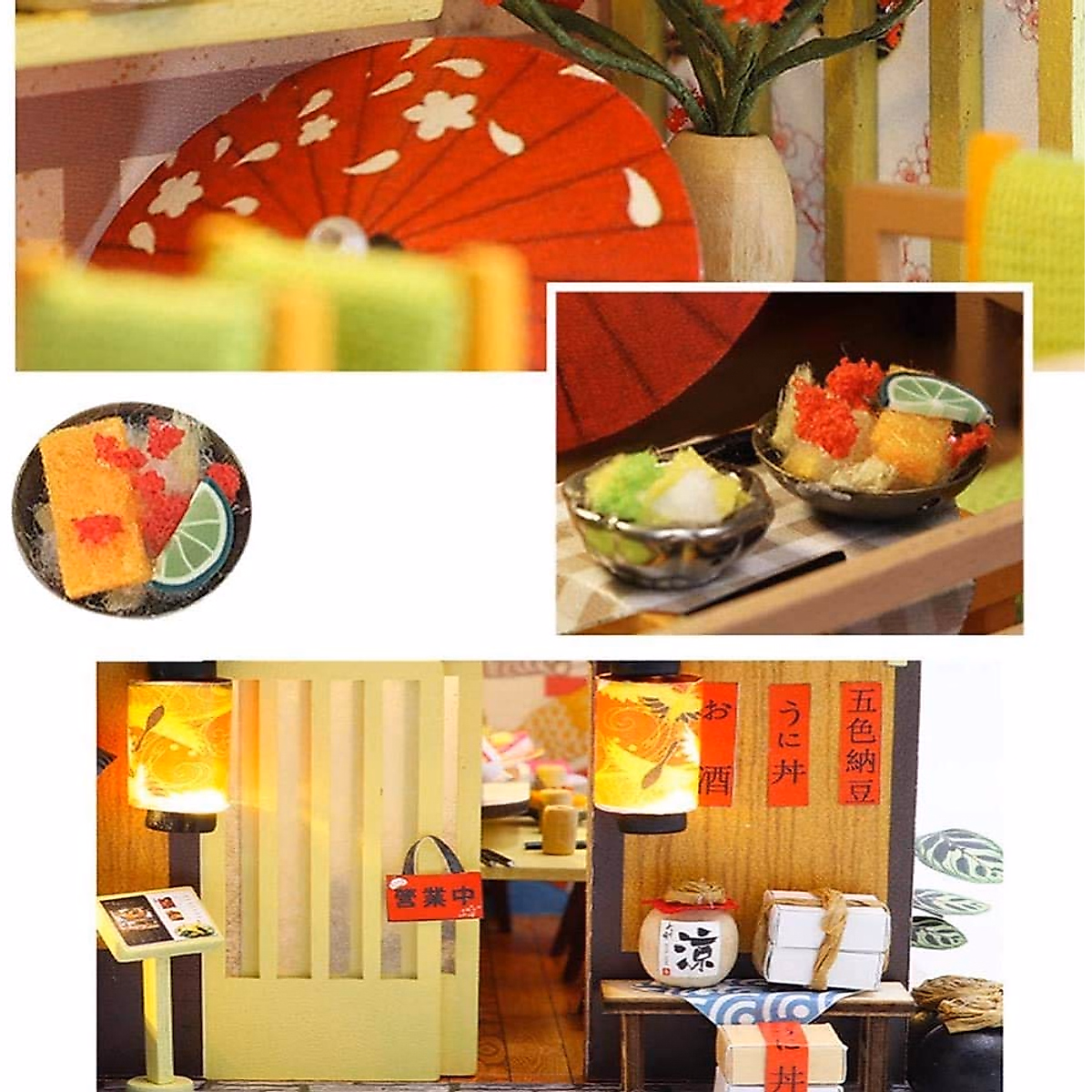 SYW DIY Miniature Dollhouse Kit with Furniture and LED Light，Japanese Sushi Shop Wooden Dollhouse, 1:24 Scale Creative Doll House Toys for Teen