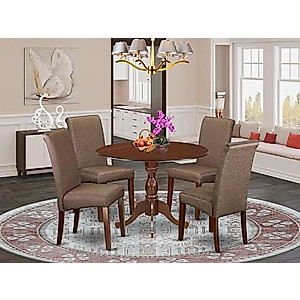 East West Furniture DMBA5-MAH-18 5 Piece Dining Room Furniture Set Includes a Round Dining Table with Dropleaf and 4 Brown Linen Linen Fabric Upholstered Chairs, 42x42 Inch, Mahogany