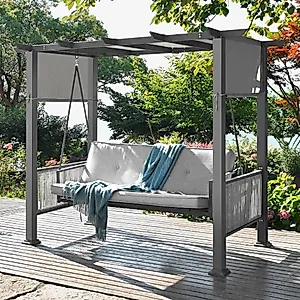 PAMAPIC 3-Seat Outdoor Swing with Canopy, Proch Swing Bed with Adjustable Curtains, 2 in 1 Design Patio Swing Chair for Balcony, Garden and Poolside,Gray