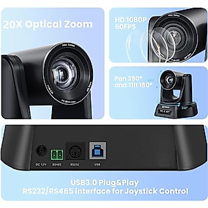 TONGVEO 20X Optical Zoom 60fps PTZ Camera Conference Room USB 1080P Camera System for Church Worship Services Meeting Online Learn, Works with Zoom, Skype OBS Easy to Set Up
