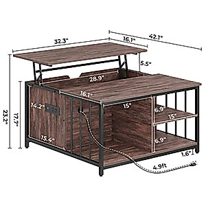 AOGLLATI Lift Top Coffee Table with Storage and Hidden Compartment, Farmhouse Square Coffee Table with Charging Station, Wood Lift Tabletop Central Table for Living Room, Reception Room, Retro Brown