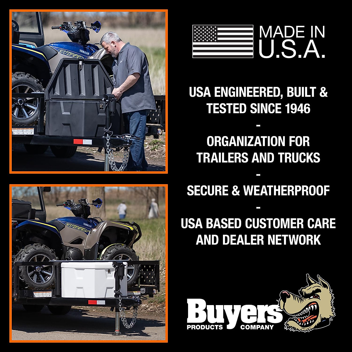 Buyers Products 1701680 Black Poly Trailer Tongue Truck Tool Cargo Storage Box,18 x 19 x 36 Inch, Made In The USA, Trailer Tongue Box For Storage And Organization, Trailer Storage Box