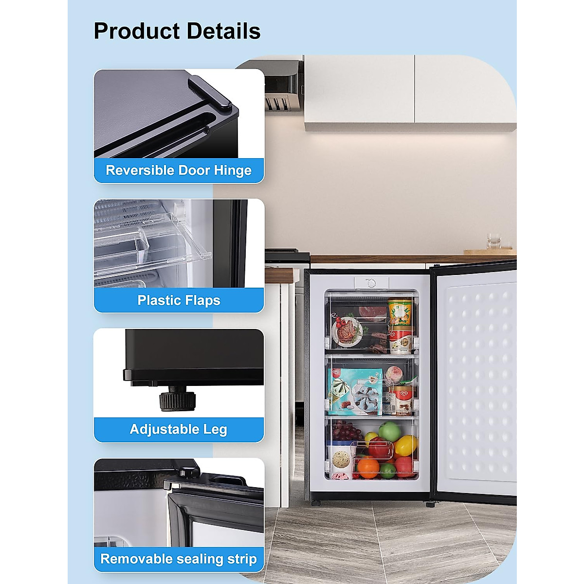 Upright Freezer, 3.2 Cu Ft Mini Small Deep Freezer for 1-2 People, Portable Compact Freezer with 3 Plastic Baffles, 4D Cooling & 40dB Ultra-Quiet, Fast Freeze (-13°F) - Black