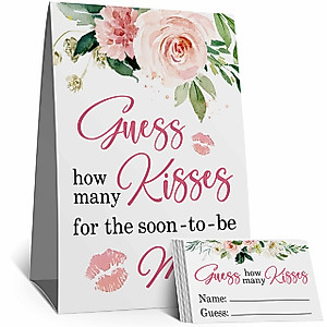 skuhyyg How Many Kisses Bridal Shower Game Sign, Pink Floral, How Many Kisses for the Soon to be Mrs Bridal Shower Game,Watercolor Kisses Wedding Engagement Decorations(1 Sign+50 Cards)