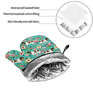 Floral Cow Oven Mitts and Pot Holders Sets, 4 Piece Set, Heat Resistant Polyester Gloves and Pads for Kitchen Cooking Baking Grilling BBQ