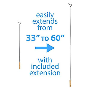 Closet Reacher Pole with Hook and Wooden Handle, Heavy Duty - Adjustable 2.75 – 5 Feet, Chrome Plated Steel Clothing Hanger Shepherds Hook to Easily Reach Clothes etc. - Perfect for College Dorm