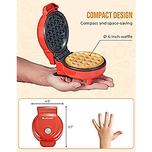 Mini Waffle Maker, Small Waffles Iron Keto Chaffles Single Compact Design Nonstick, Breakfast, Snacks, Hash Browns, 4 Inch Red 550W BLAZANT