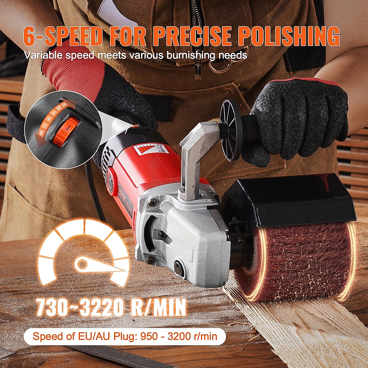 VEVOR Burnishing Polishing Machine, 1200W 6 Variable Speed Surface Conditioning Tool, Handheld Electric Metal Burnishing Machine with 4 Fiber Polishing Wheels for Stainless Steel, Non-Ferrous Metals