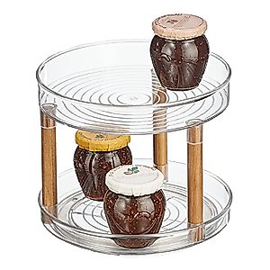 Nate Home by Nate Berkus 2-Tier Plastic 9-Inch Turntable Organizer with Ash Wood Accents | for Kitchen Cabinet, Countertop, or Pantry Organizing from mDesign - Clear/Natural