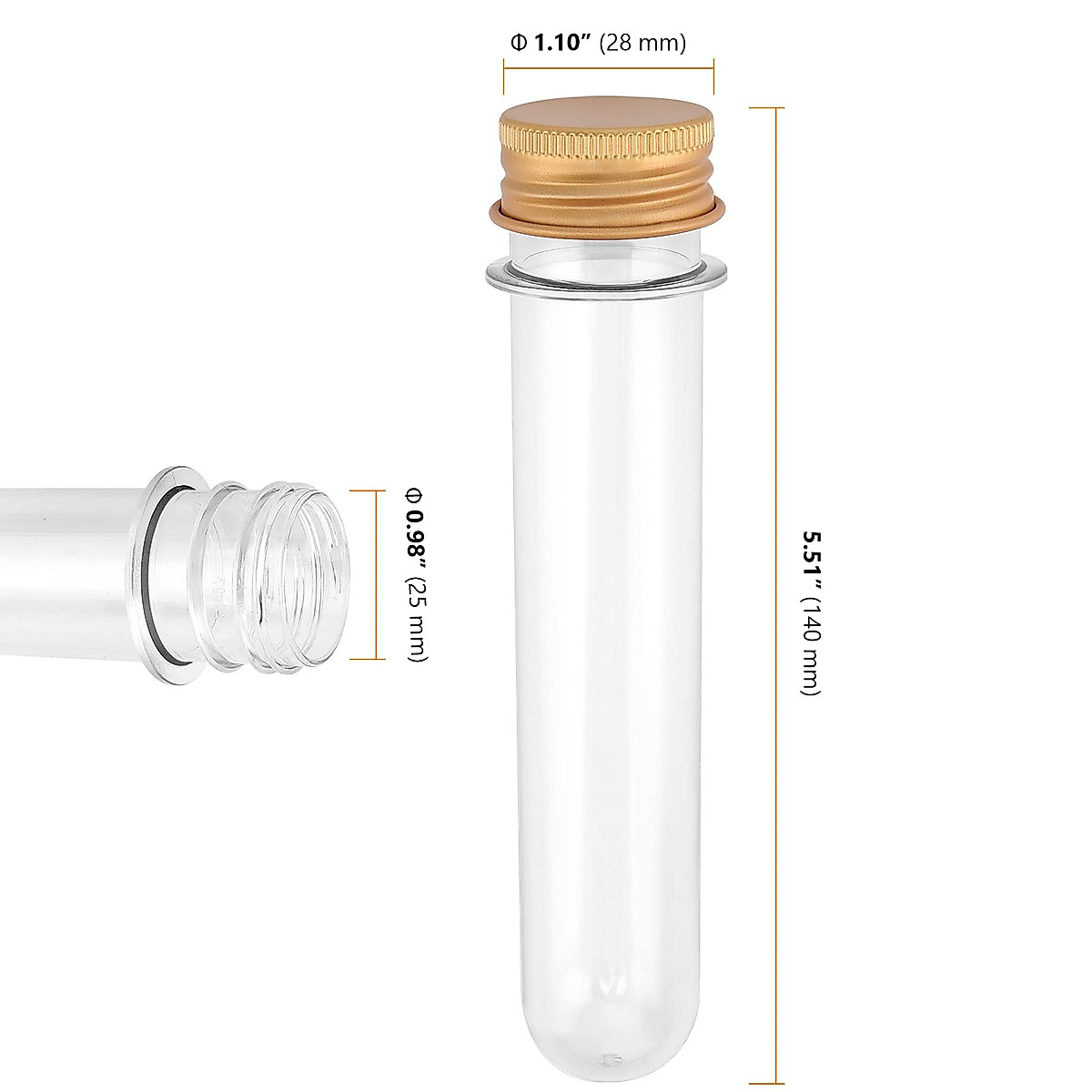 SEUNMUK 60 PCS 40ml Clear Plastic Test Tubes with Gold Caps, 140 x 25 mm Clear Bath Salt Tubes, Test Tubes for Plants, Scientific Experiments, Candy Storage, Powders, Spices