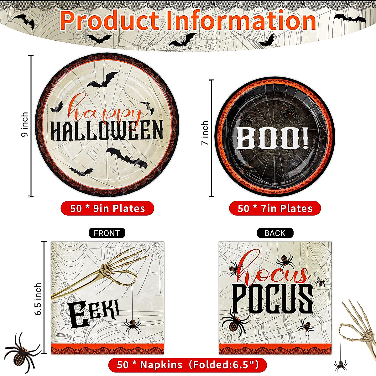 ECOHOLA Wicked Webs Halloween Dinnerware Party Supplies, 9.2" Paper Dinner Plates, 7" Paper Dessert Plates, 6.5" Napkins, Bats Spiders Skeleton Hand Hocus Pocus Halloween Decoration Set Serves 50