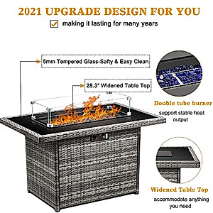 LayinSun 44" Propane Gas Fire Pit Table, 55000 BTU Rectangular Fire Pit with Glass Wind Guard for Outside Patio Deck Garden Backyard