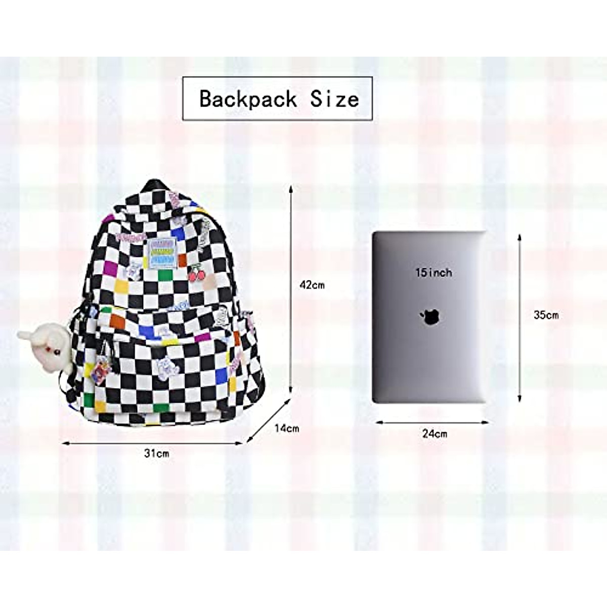 Nouflux Kawaii Backpack for Girls School Cute Backpack with Doll Checkerboard Backpack Teen Girls(Black)