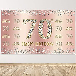 Happy 70th Birthday Banner Decorations for Women, Pink Rose Gold 70 Birthday Backdrop Sign Party Supplies, Large 70 Year Old Birthday Photo Booth Props Background for Outdoor Indoor