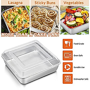 E-far 8 x 8-Inch Baking Pan with lid, Square Cake Brownie Baking Pans Stainless Steel Bakeware Set of 2, Non-toxic & Healthy, Easy Clean & Dishwasher Safe - 4 Pieces(2 Pans + 2 Lids)