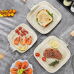 Nonstick Grill Pan for Stove Tops, 8 Inch Square Griddle Pan with Folding Handle and Pour Spouts, Healthy Ceramic Coating Flat Grill Skillet Steak Pan for Indoor Cooking, PFOA Free (8 Inch), Medium