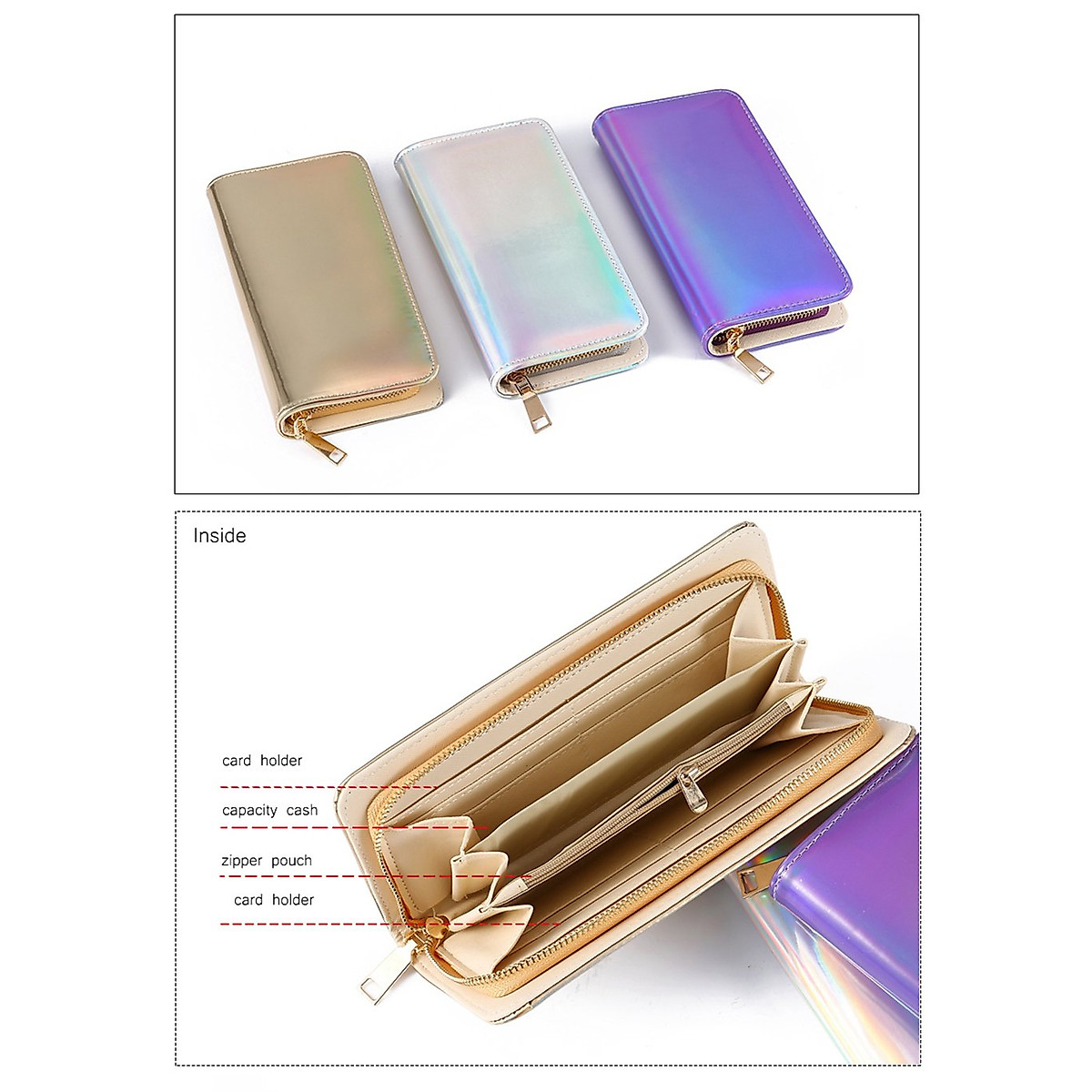 YAIRYANGTZE Hologram Slim PU Leather Wallet with Zipper Long Clutch Wallet Purse for Women (Silver)