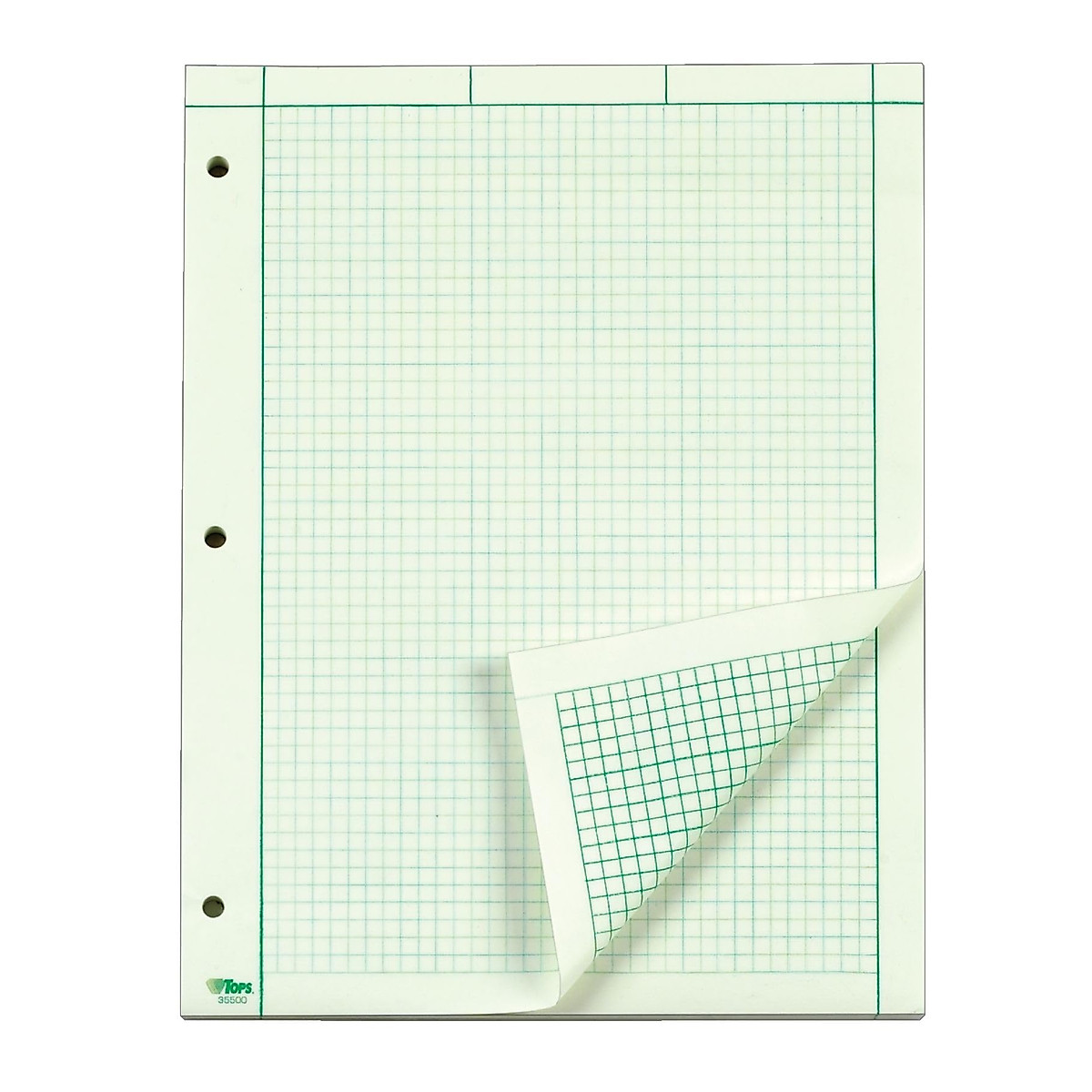 TOPS Engineering Computation Pad, 8-1/2" x 11", Glue Top, 5 x 5 Graph Rule on Back, Green Tint Paper, 3-Hole Punched, 100 Sheets (35500)