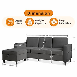 Sectional Sofa Couches for Living Room - 78'' Dark Grey 3 Seat L-Shaped Couch with Storage Ottoman, Modern Linen Convertible Sectionals Sofas with Chaise for Apartment, Office, Small Space