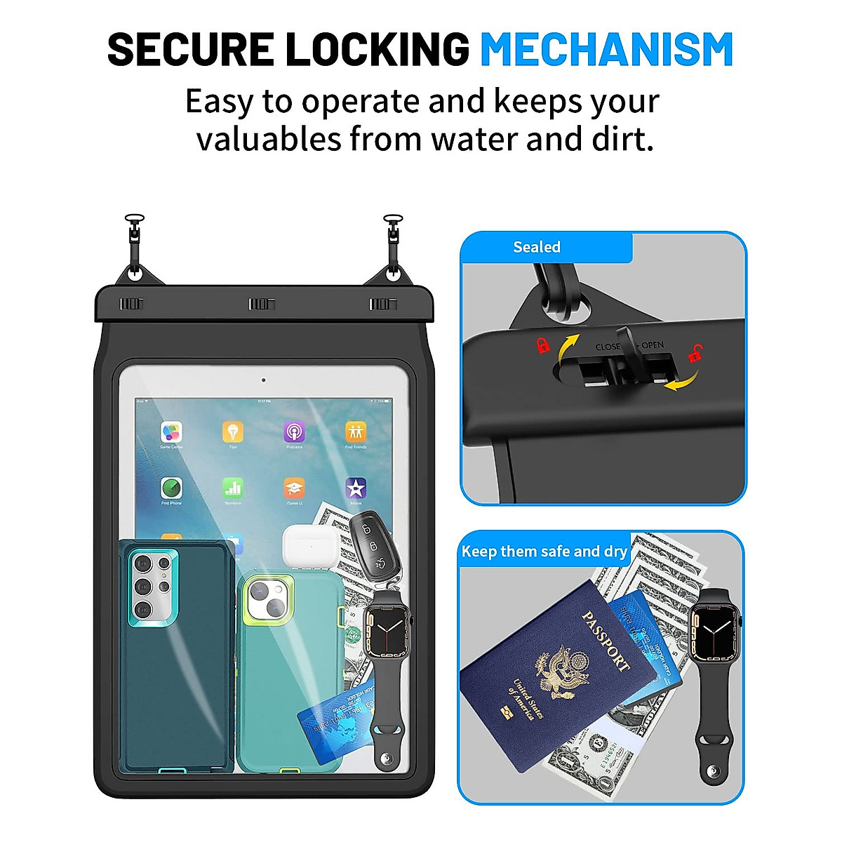 AICase Universal iPad Waterproof, Dry Bag Pouch for iPad Pro 12.9 5th/4th/3rd Gen iPad Pro 11/10.5/9.7, New iPad 9.7, iPad Pro 9.7, iPad Air 4/Air 3/Air 2, Galaxy Tab S7 Tablets up to 12.9 Inch