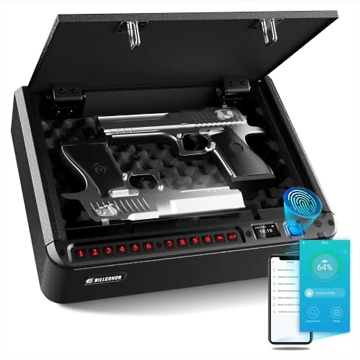 BILLCONCH Smart Gun Safe - Biometric Gun Safe for Pistols with Fingerprint/Full-digital Keypad/Key/Smartphone Lock, Quick-Access Pistol Safe for Beside Nightstand Handgun Safe with LCD/Voice Guide