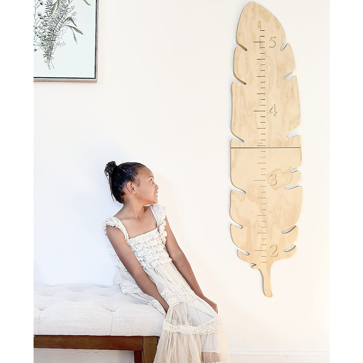 LittleRobbieCo. Wooden Growth Chart for Kids | Feather Design Height Chart for Kids | Natural Pine Laser Engraved Kids Growth Chart for Wall w/Mount | Foldable Kids Height Wall Chart