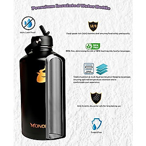 Monohydro 1 gallon Water Bottle, 128 oz Stainless Steel Water Jug double wall Insulated water bottle w lids Leakproof, Paracord Handle, pocket Carrying Pouch -Black