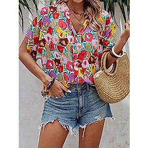 CCTOO Women's Blouses V Neck Short Sleeve Curved Hem Solid Chiffon Dressy Blouse Casual Shirts Tops 159 Color Floral Large