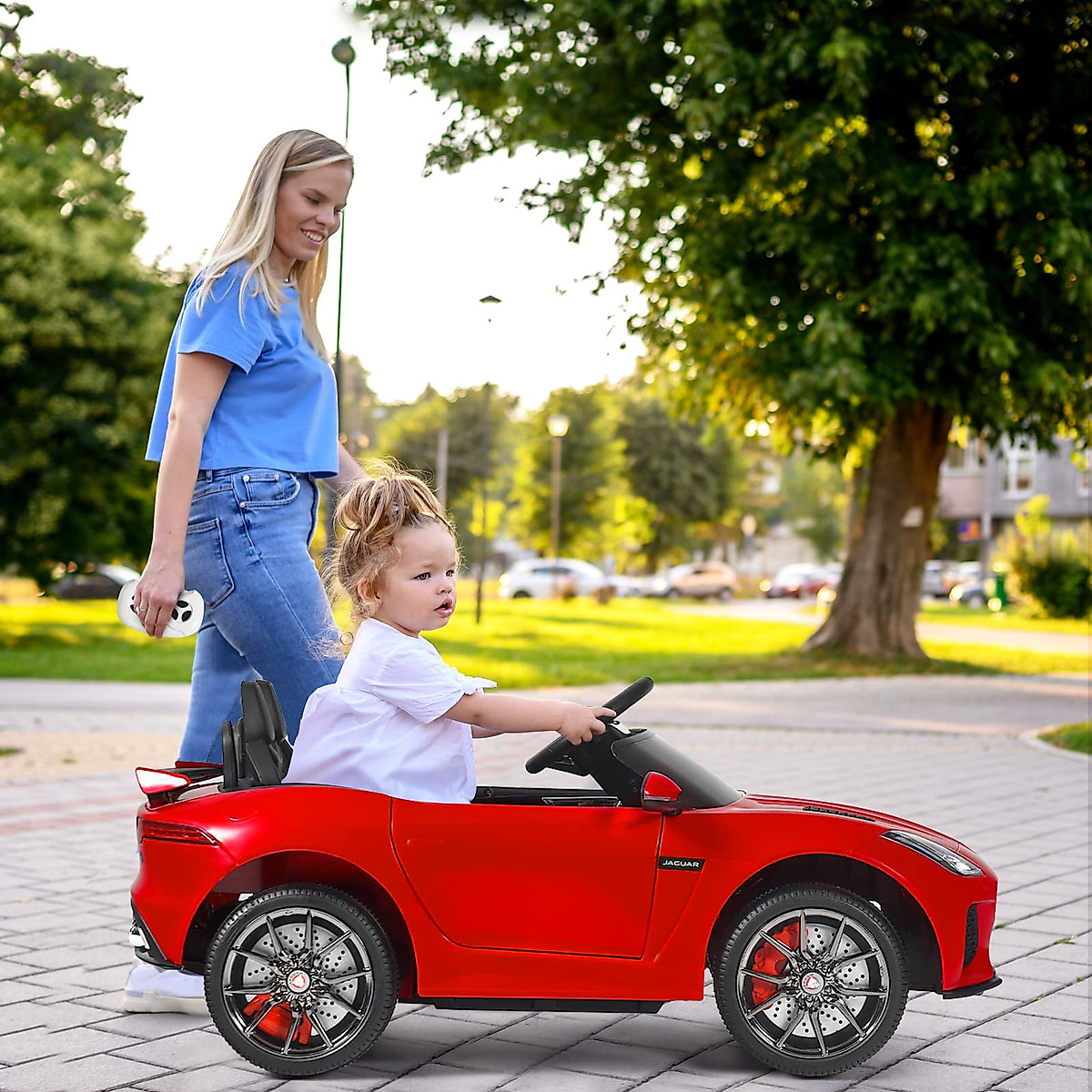 Costzon Ride on Car, 12V Licensed Jaguar F-Type SVR Battery Powered Kids' Electric Vehicles w/Remote Control, Front/Rear Lights, MP3/Music/3 Speeds/Spring Suspension, Kids Car for Toddler (Dark Red)