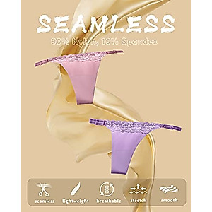 FINETOO 6 Pack Adjustable G String Thongs for Women Seamless Underwear High Cut Lace Trim Thong Womens Panties Sexy S-XL