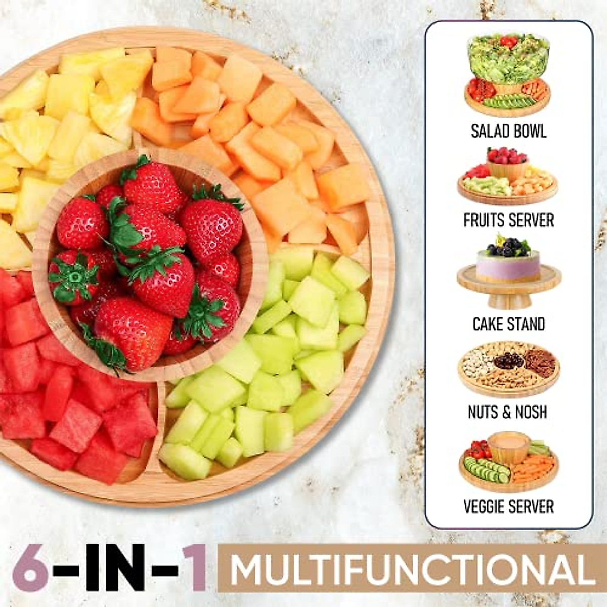 Bamboo Cake Stand with Dome Multi Function 6 in 1 Cake Holder Serving Platter, (12") Round Veggie Stand and Salad Bowl, Decorative Display Cake Stand with lid