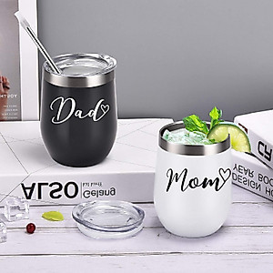 Mom and Dad Wine Tumbler Set, Funny Christmas Gifts for New Parents New Pregnancy New Dad New Mom Anniversary Birthday, Stainless Steel Insulated Wine Tumbler with Lid(12oz, Black and White)