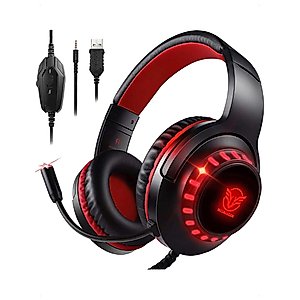Pacrate Gaming Headset for PS4/PS5/Xbox One/Nintendo Switch/PC, PS4 Headset with Microphone Xbox Headset with LED Lights, Noise Cancelling PS5 Headset for Kids Adults - Red