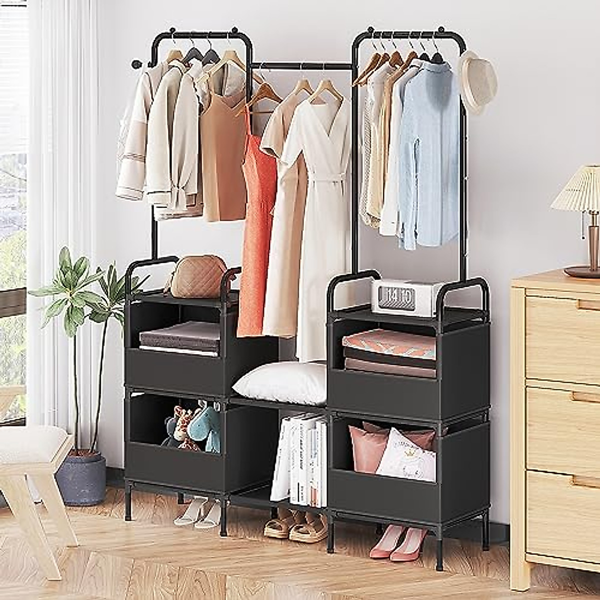 Laiensia Clothes Rack,3 Rods Portable Clothing Hanging Garment Rack,Coat and Shoe Rack with 4 Storage Shelves and 4 Storage Pockets,for Bedroom,Entryway,Living room,Black