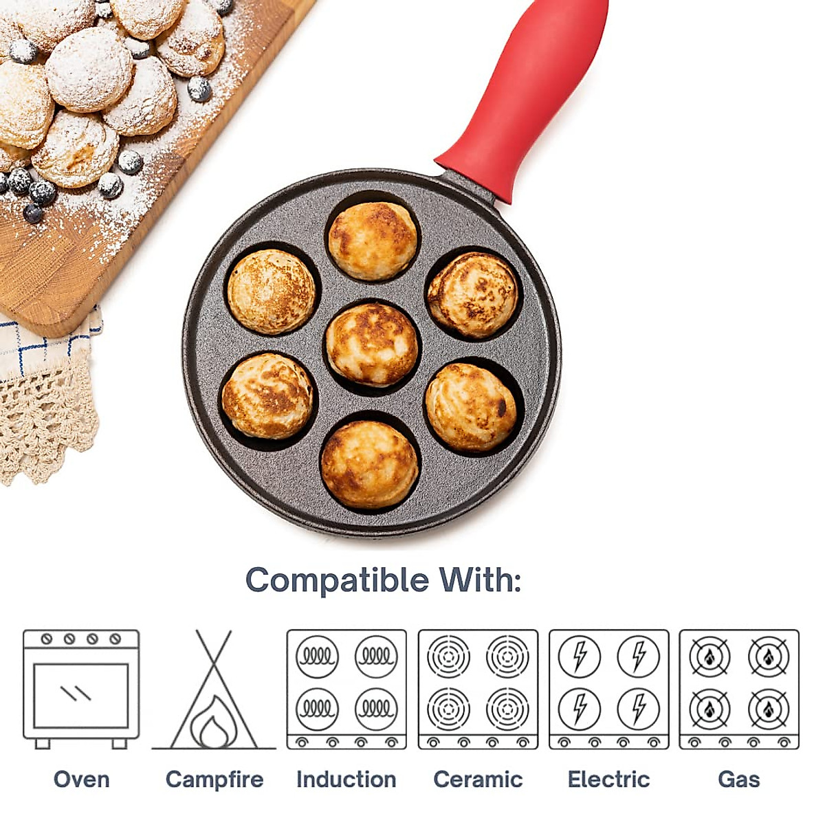 KUHA Cast Iron Aebleskiver Pan for Authentic Danish Stuffed Pancakes - Complete with Bamboo Skewers, Silicone Handle and Oven Mitt