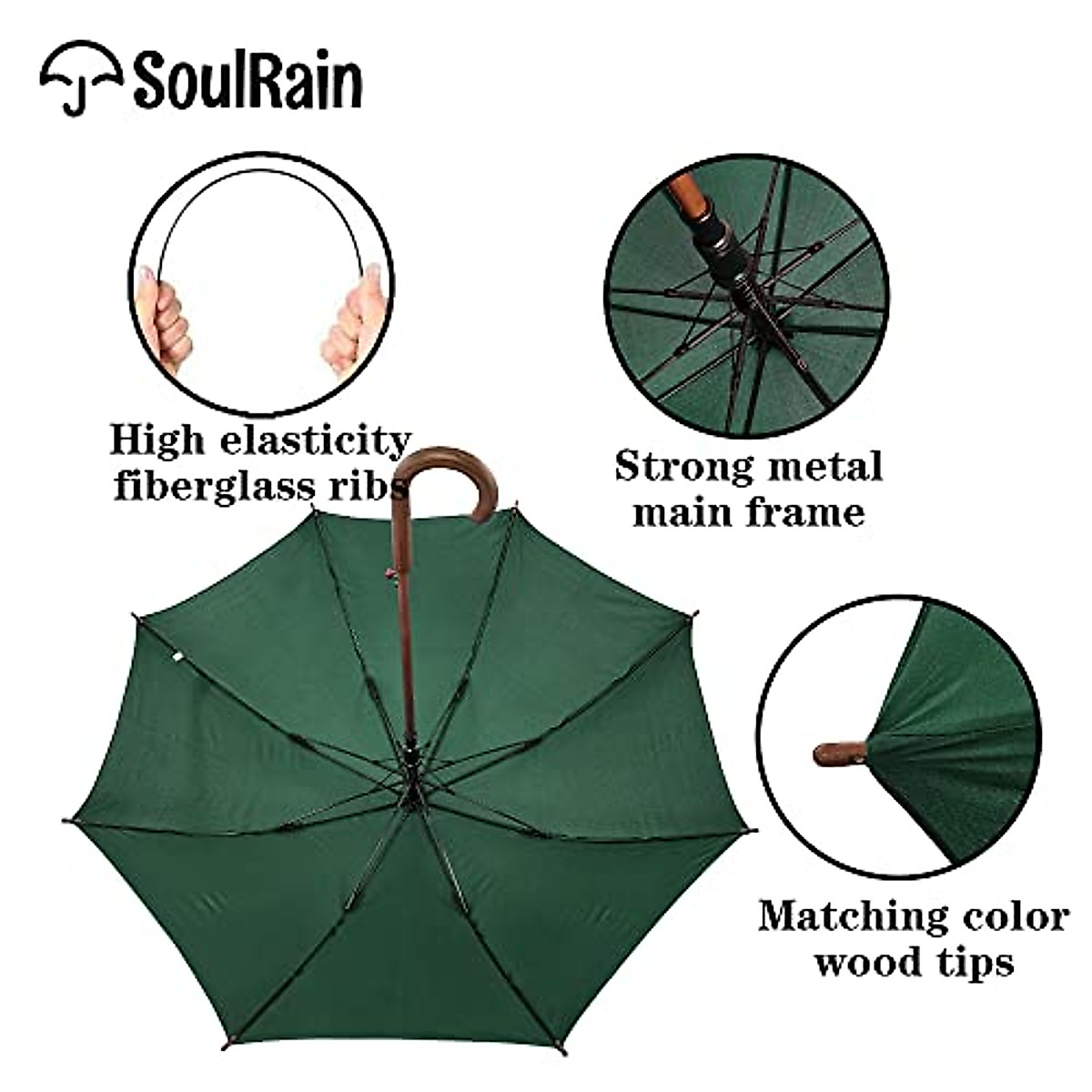 SoulRain 48" Arc Classic Wood Handle Umbrella Auto Open Windproof Unbreakable Stick Rain Umbrella (Hunter Green)